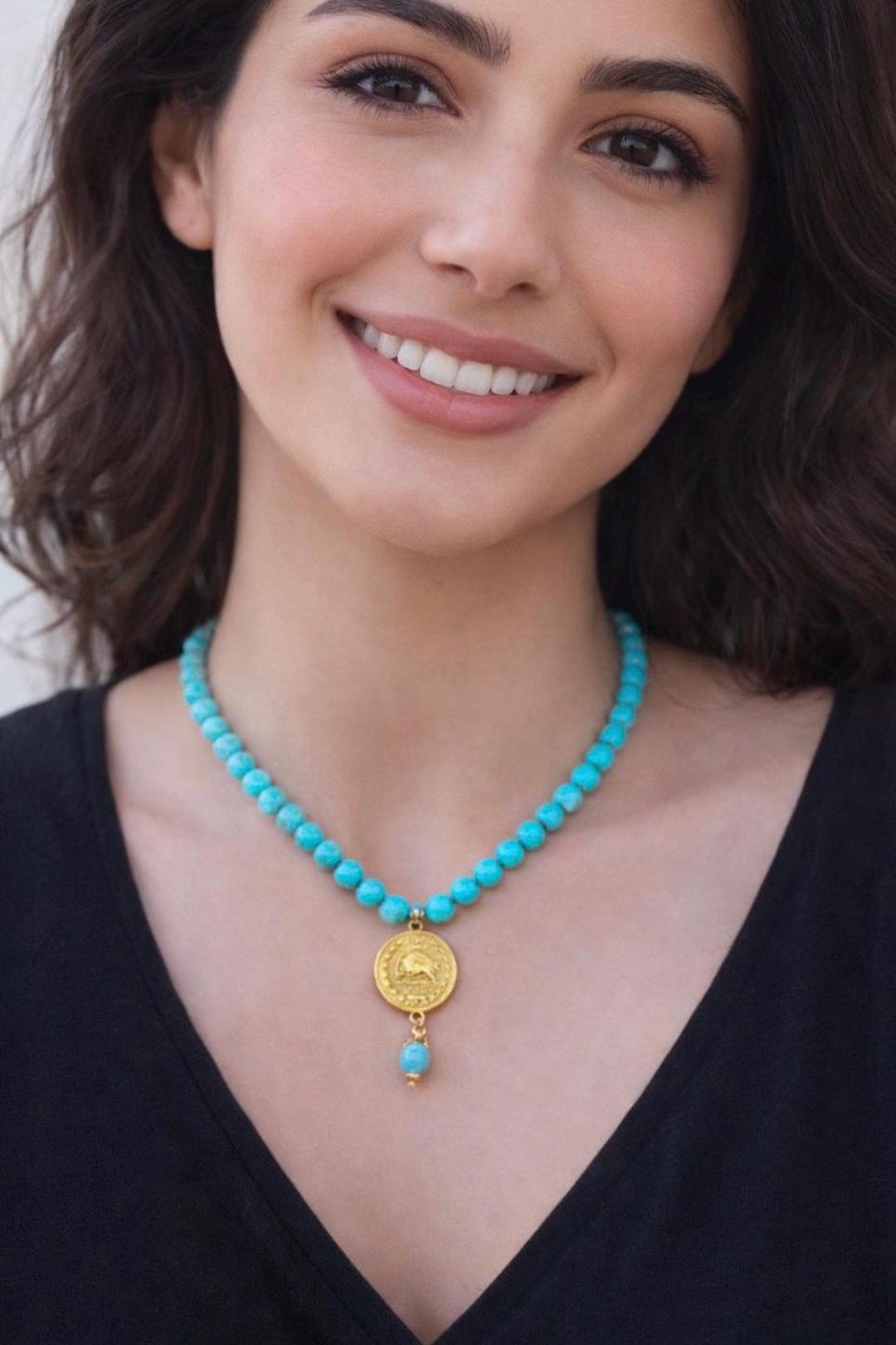 Turquoise Beaded Necklace: 18K Gold Plated Persian Coin, Hypoallergenic ...