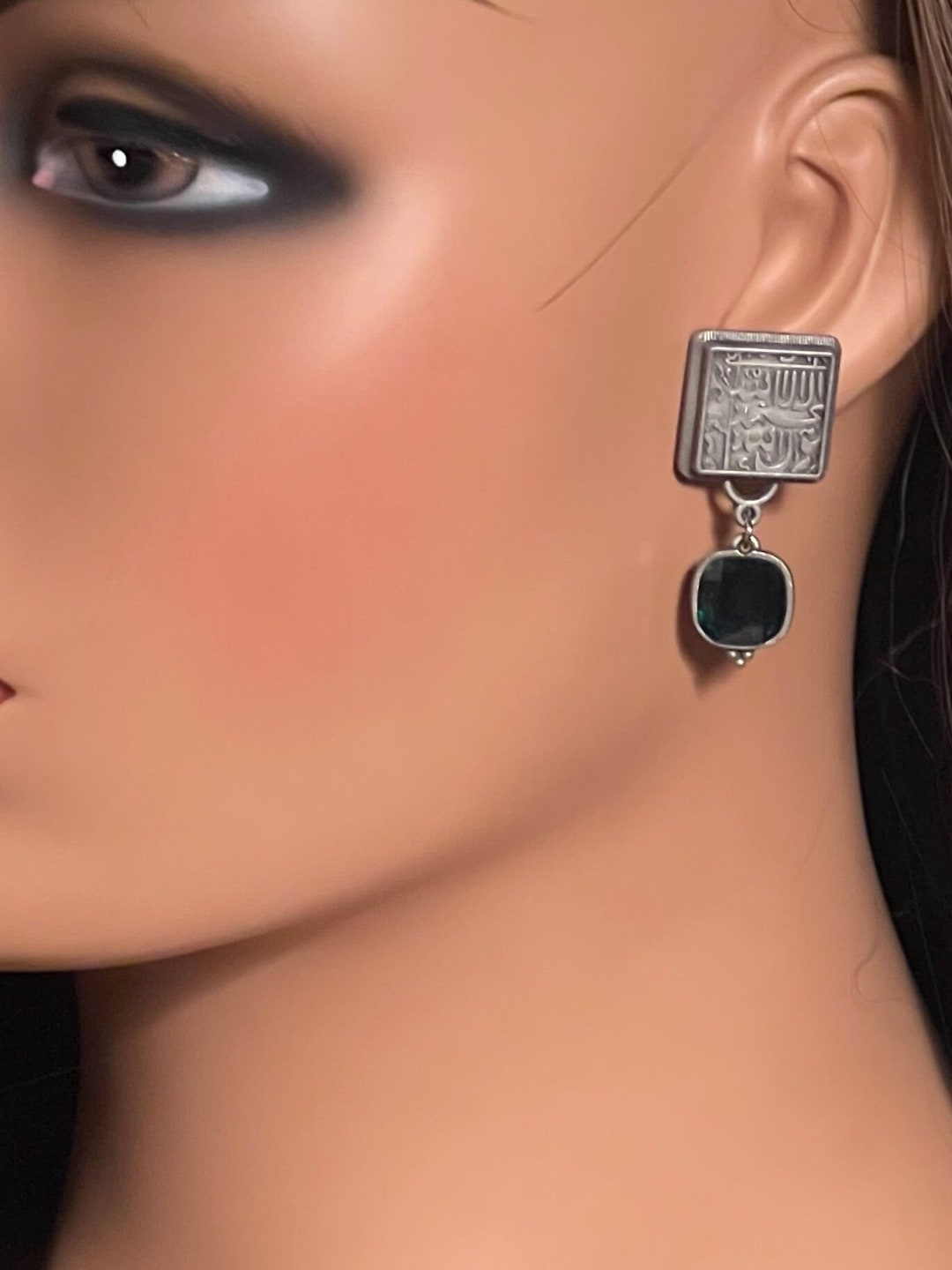 Handcrafted Arabic Calligraphy Earrings With Lab-created Green Emerald ...