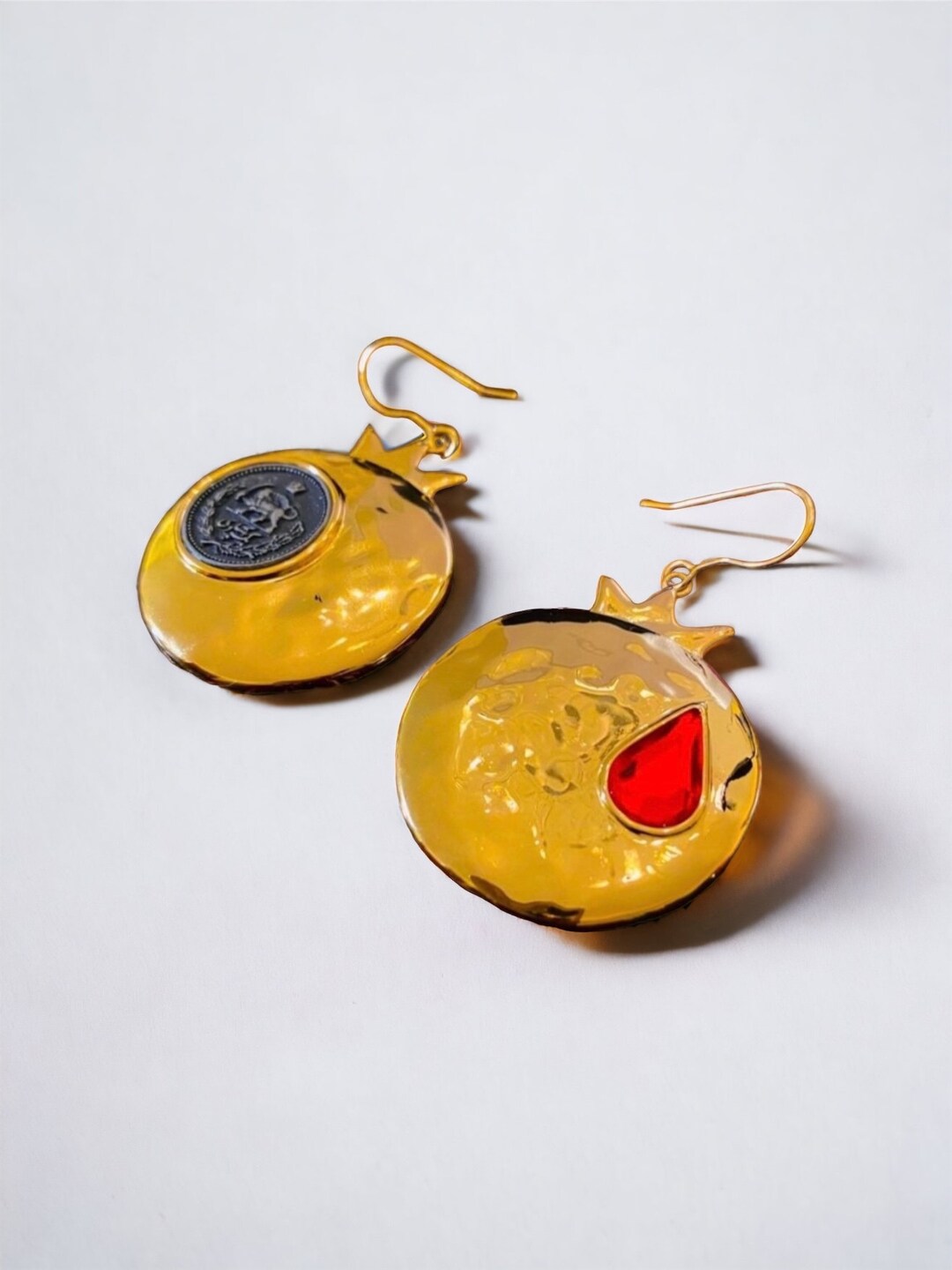 Pomegranate Coin Earrings With Persian Pahlavi Coin Style in One Side ...