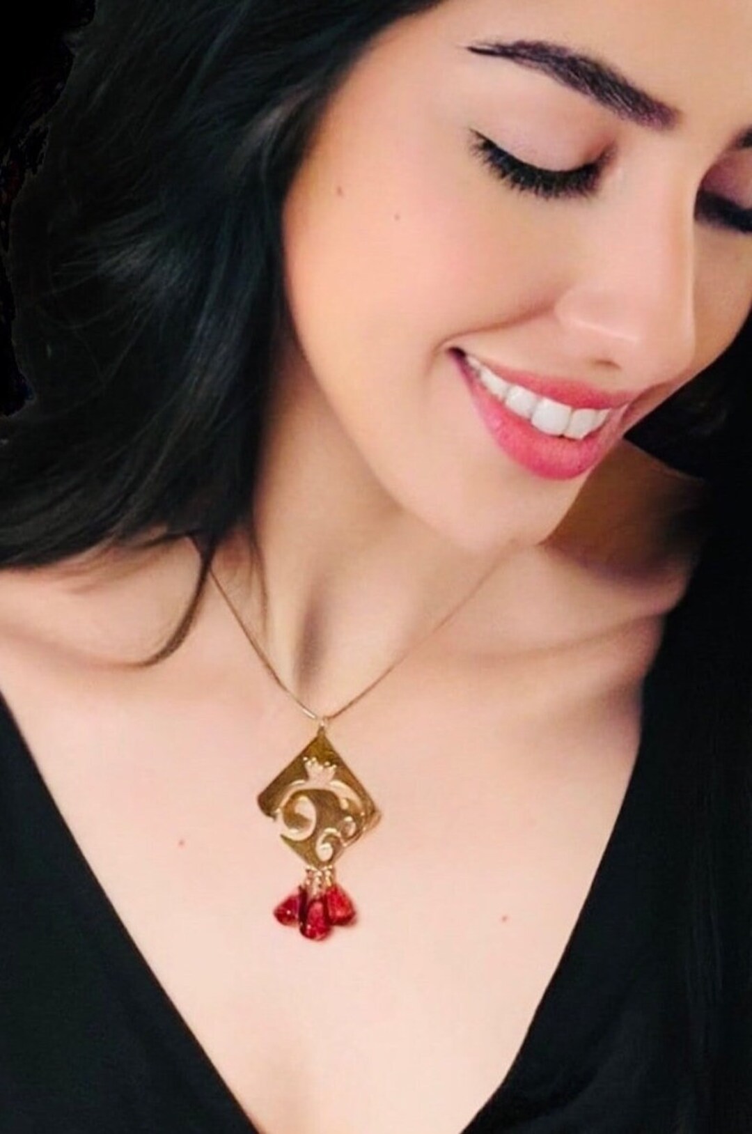 Pomegranate Necklace With Red Crystal Beads in 18k Gold Plated , Anar ...