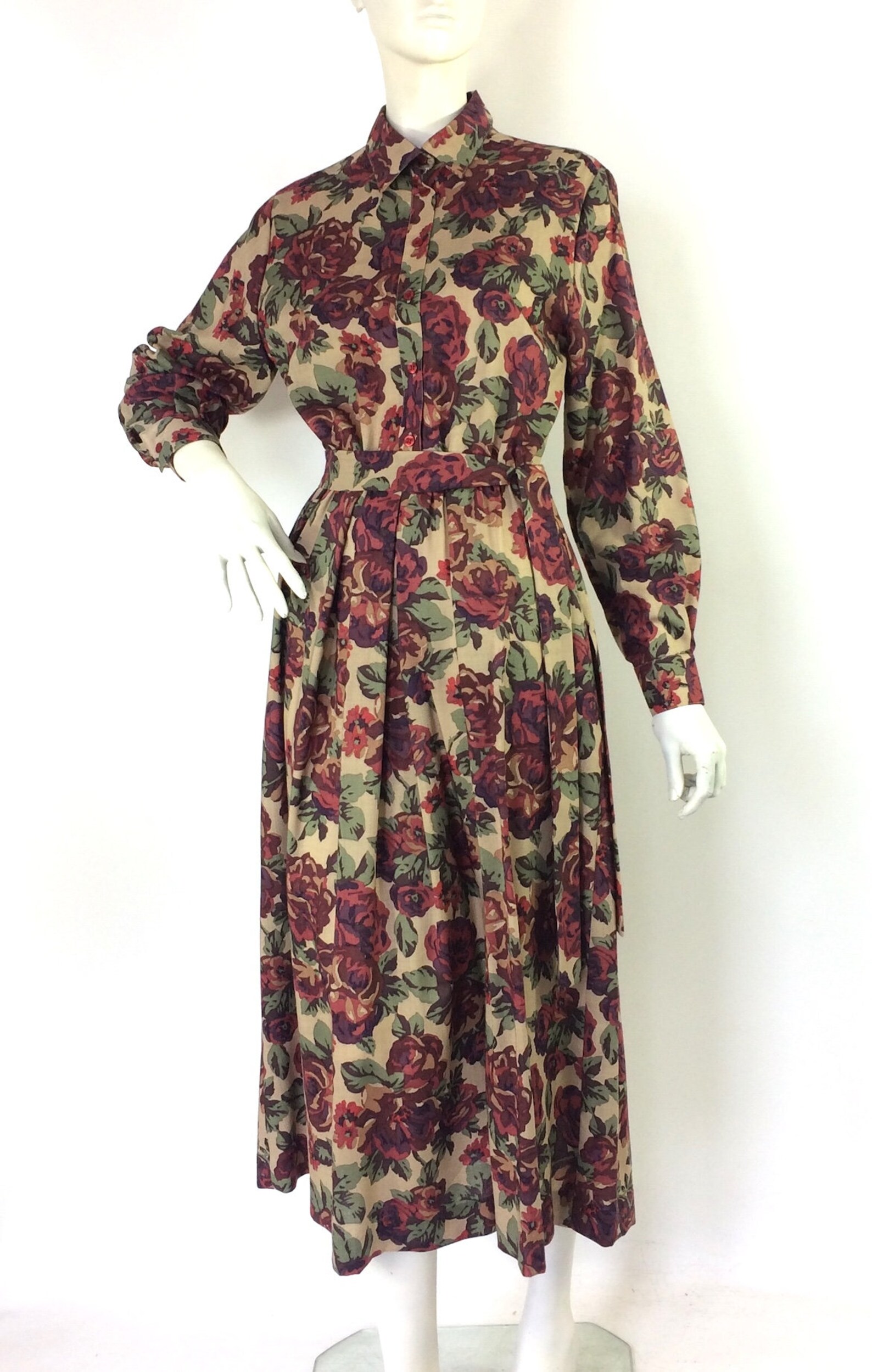 LIBERTY Vintage 80s Bold Rose Print Shirt Dress / Pockets / Belt ...