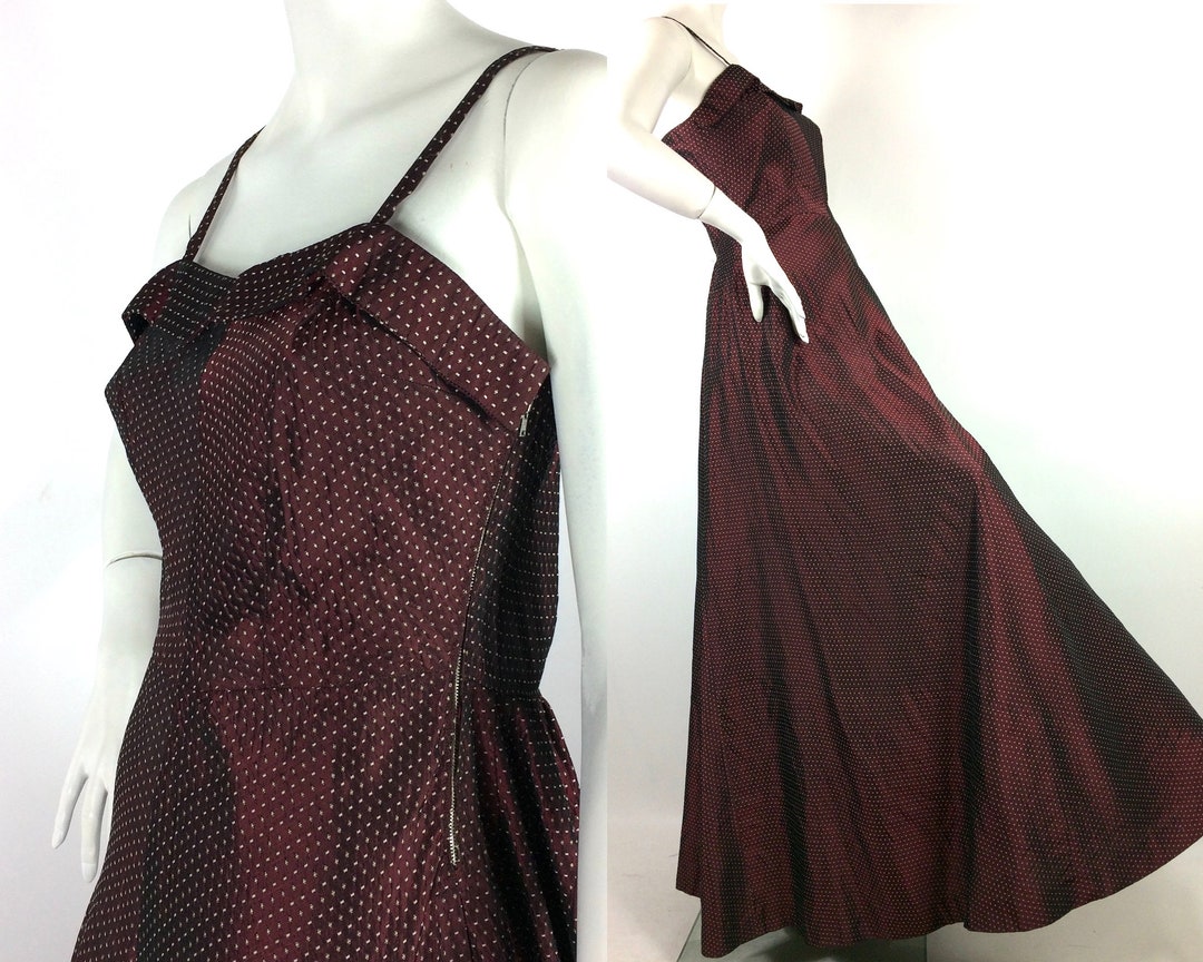 1930s Vintage Maroon Taffeta Maxi Gown / Hand Tailored and Woven Silk ...