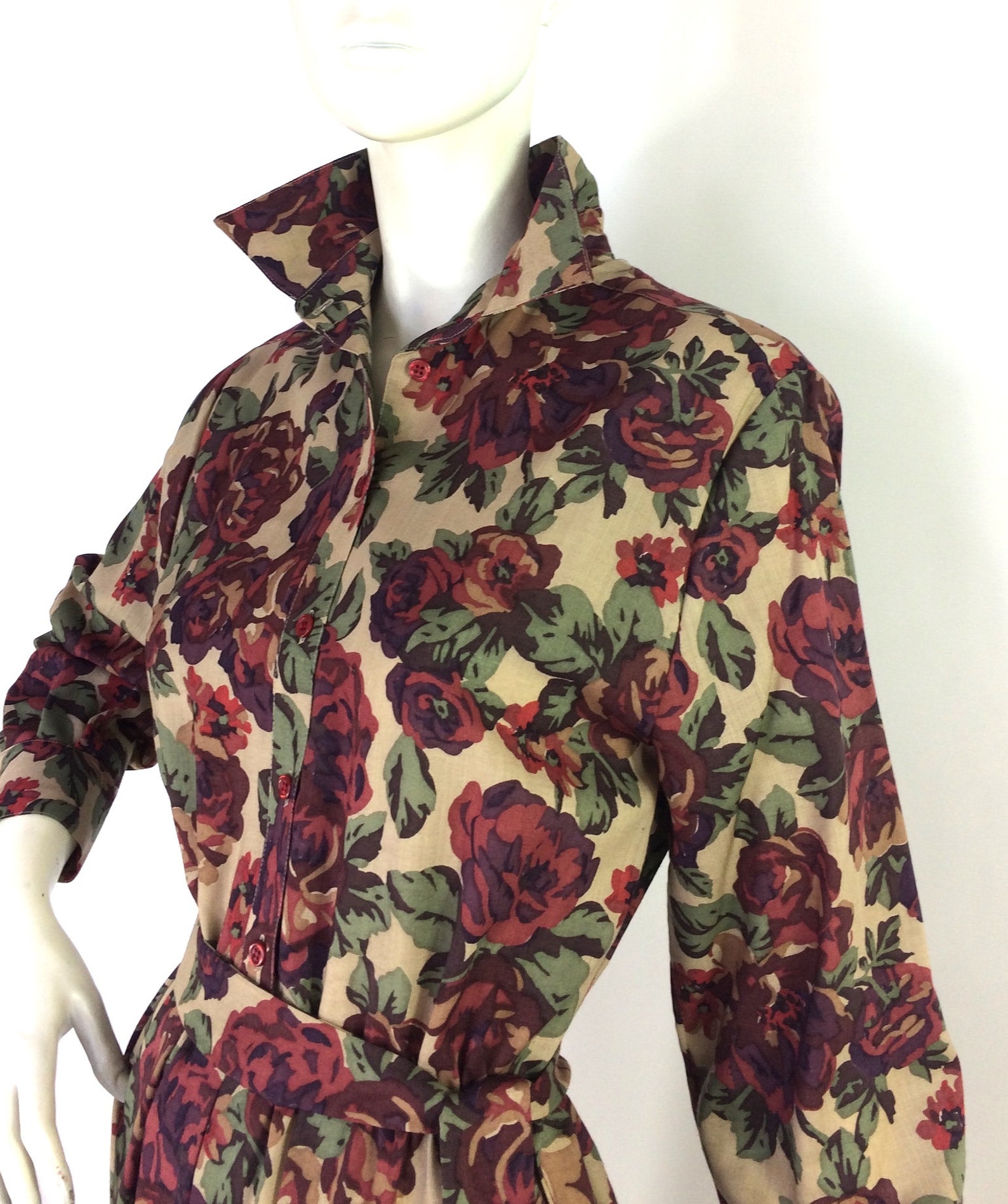 LIBERTY Vintage 80s Bold Rose Print Shirt Dress / Pockets / Belt ...