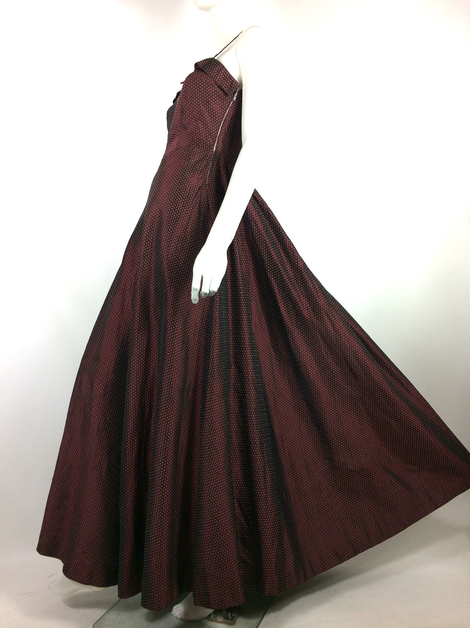 1930s Vintage Maroon Taffeta Maxi Gown / Hand Tailored and Woven Silk ...