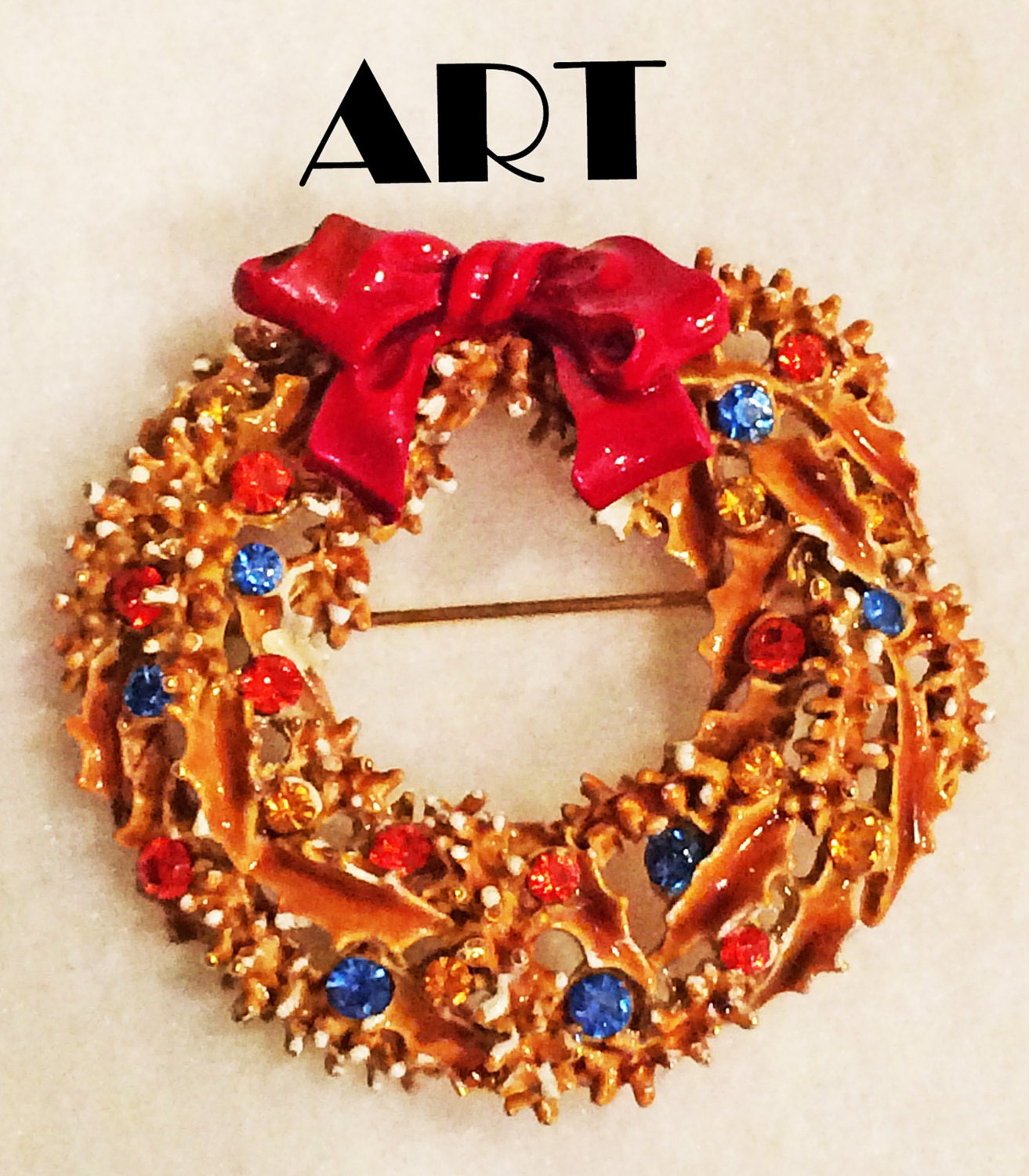 ART Signed Christmas Wreath Pin Brooch Enamel Rhinestone - Etsy