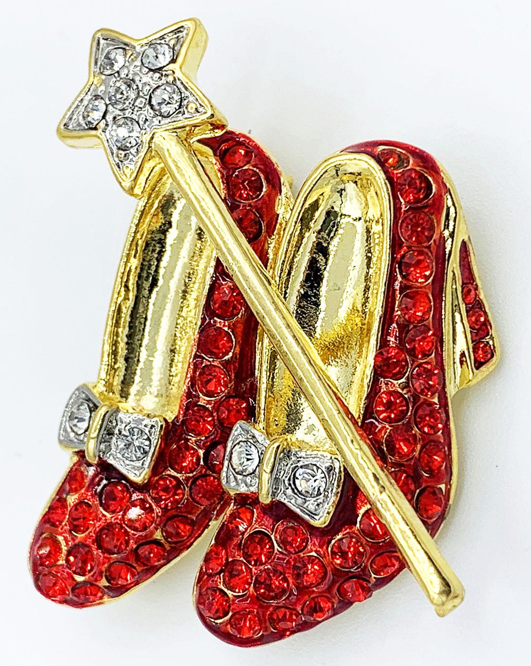 Vintage Ruby Slippers and Magic Wand Pin Brooch Red Rhinestones Gold ...