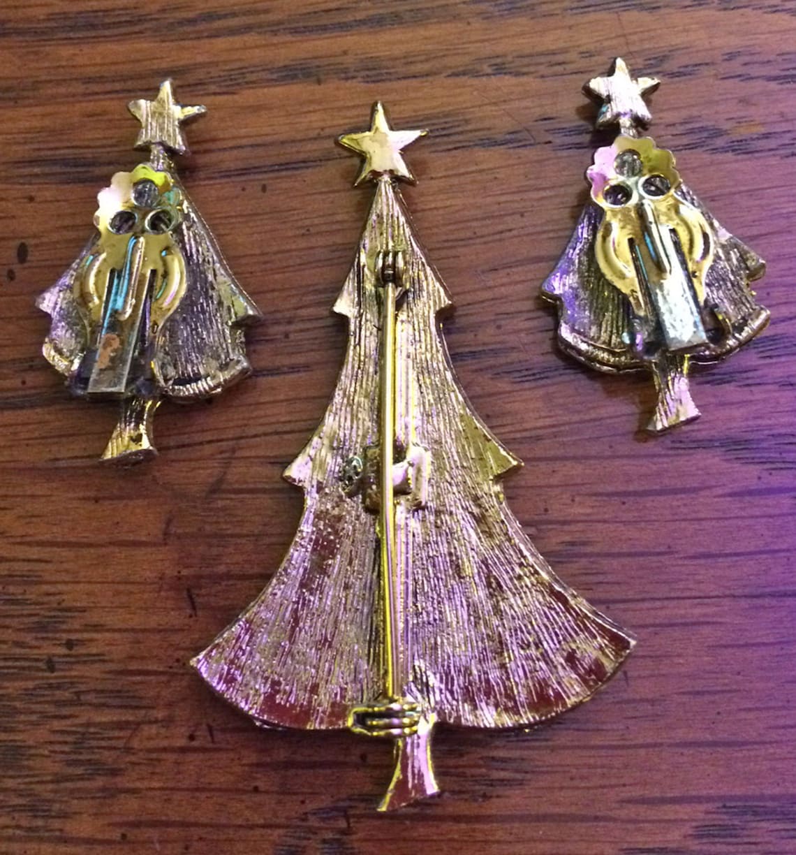 Rhinestone Christmas Tree Pin Brooch Clip Earrings Red Green Gold Tone ...