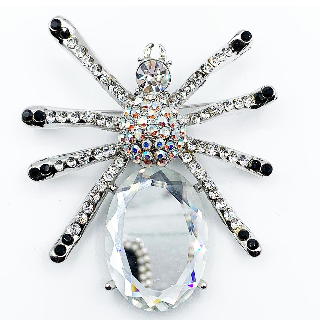 Vintage Halloween Rhinestone Spider Pin Brooch Large AB Clear, Black ...