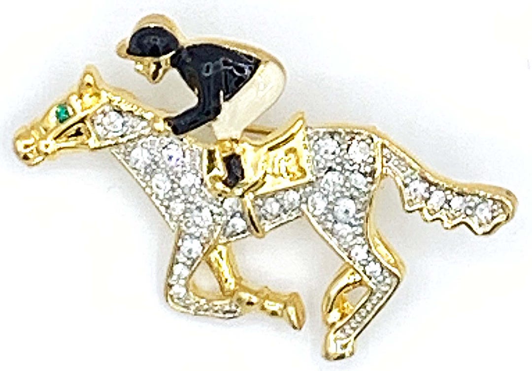Vintage Equestrian Horse Jockey Pin Brooch Rhinestone Enamel Gold Tone ...