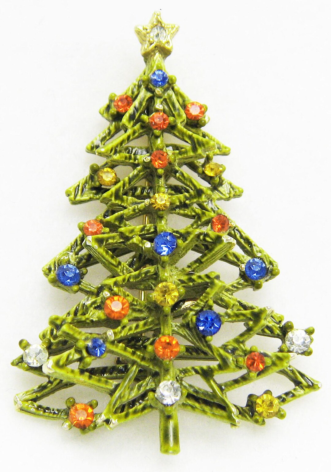Vintage ART Christmas Tree Pin Enamel Rhinestone Signed - Etsy