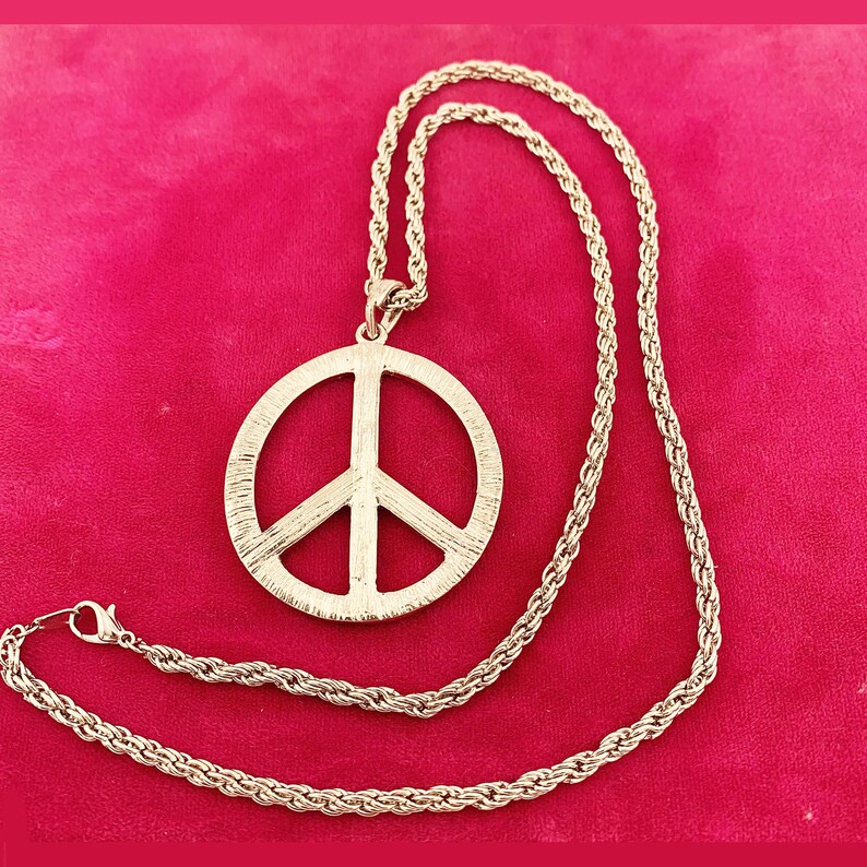 Vintage Large Rhinestone Peace Sign Symbol Necklace 24" Rope Chain ...