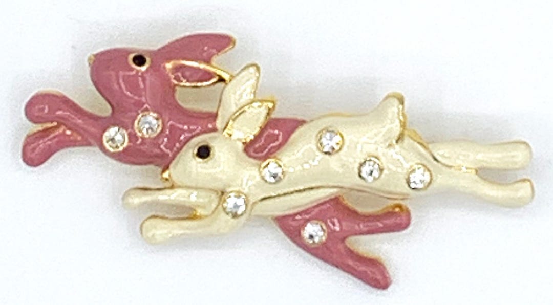 Vintage Easter Leaping Rabbits Rhinestone Pin Brooch Pink White Enamel ...