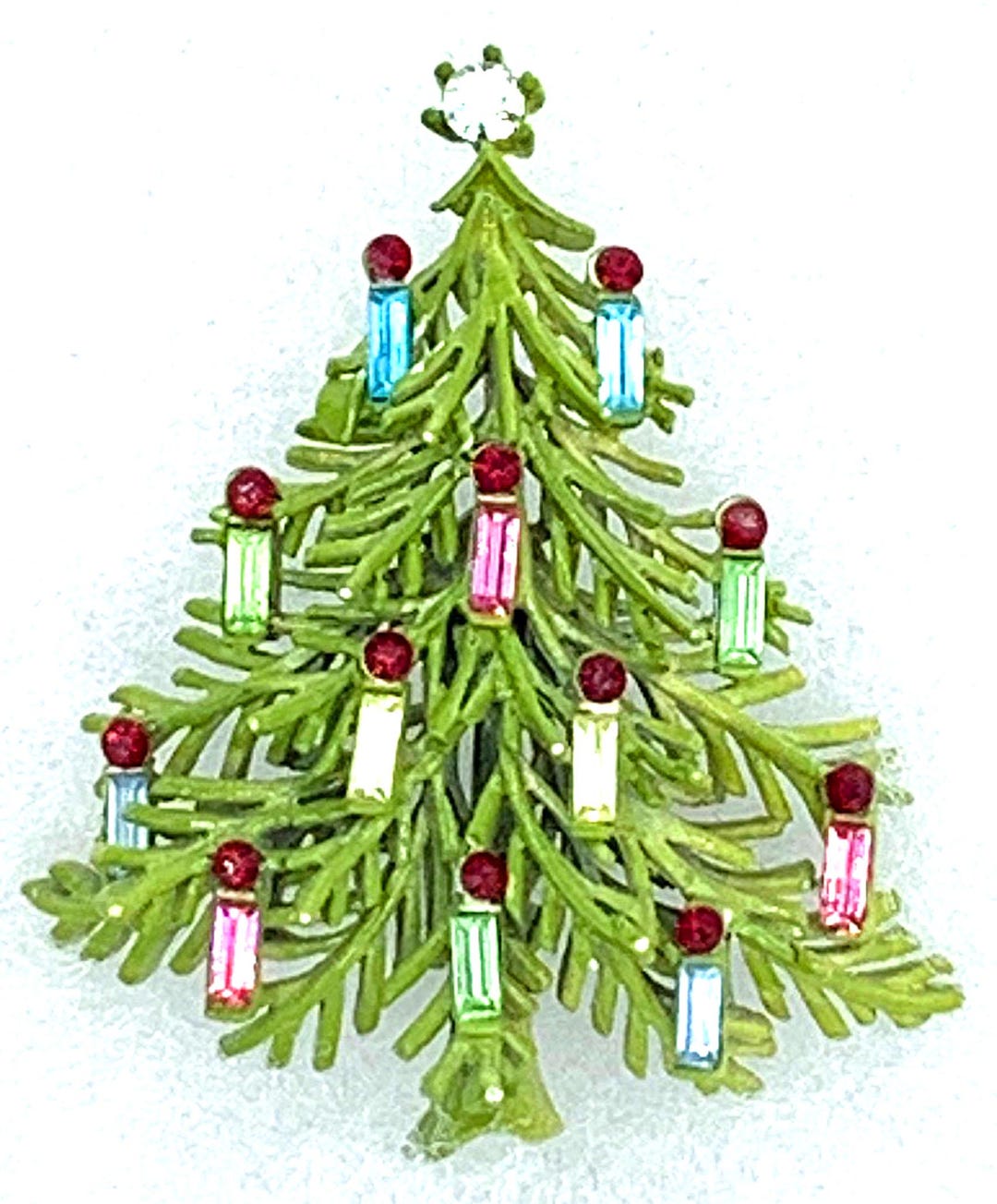 Vintage Lisner Christmas Tree Pin Brooch Pastel Baguette Rhinestone ...