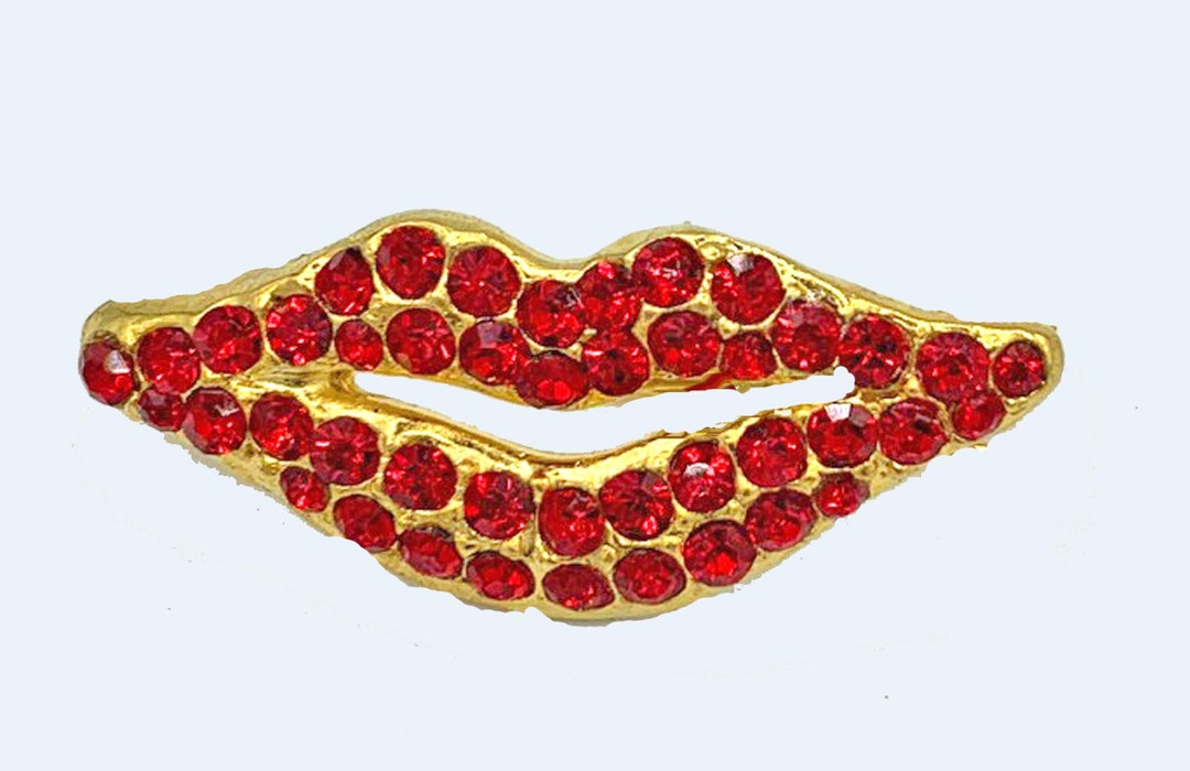 Vintage Valentine Lips Kiss Pin Brooch Lapel Size Red Rhinestone Enamel ...