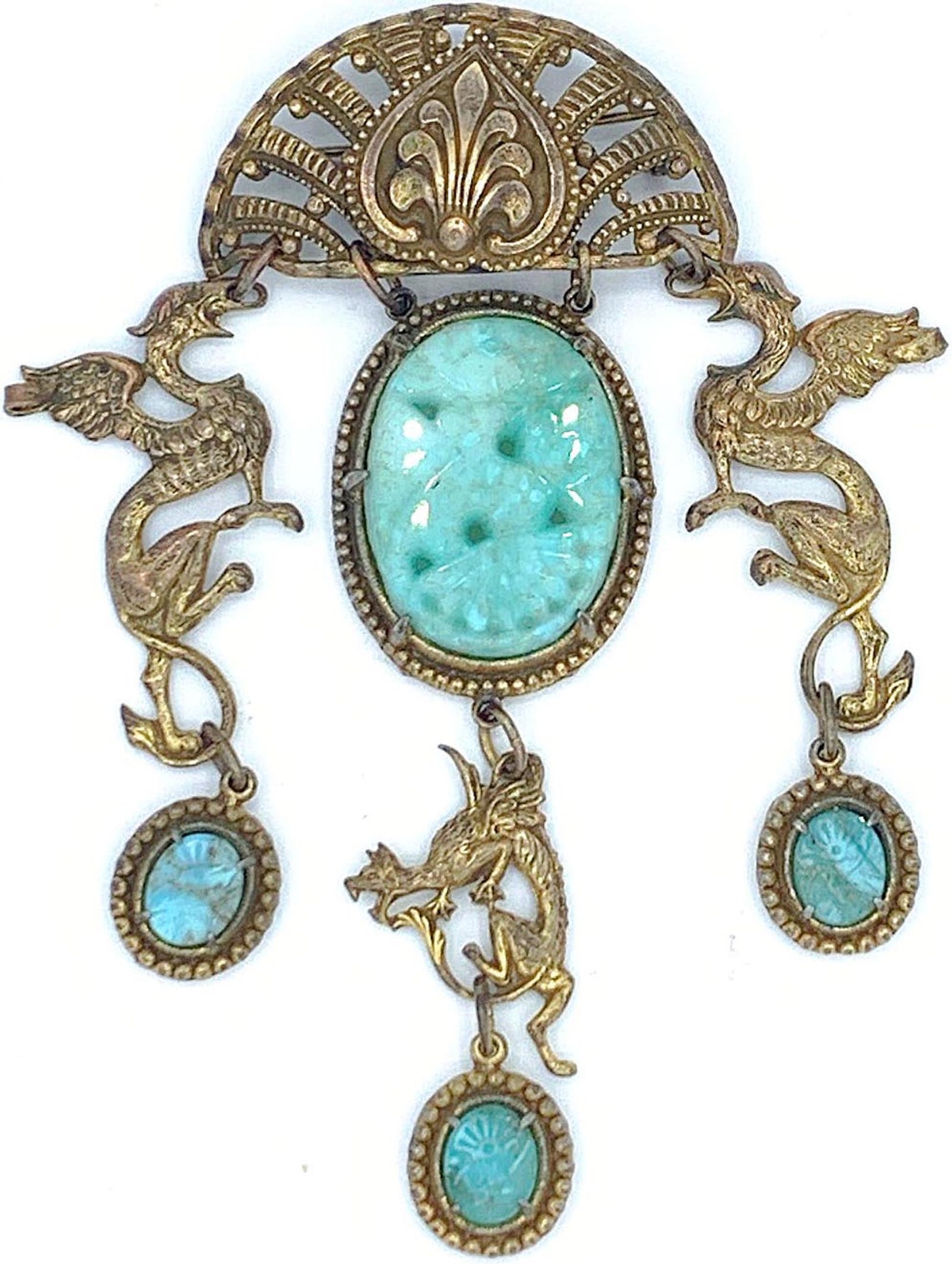 Antique Egyptian Art Deco Neiger Pin Brooch Dangling Winged Serpents ...