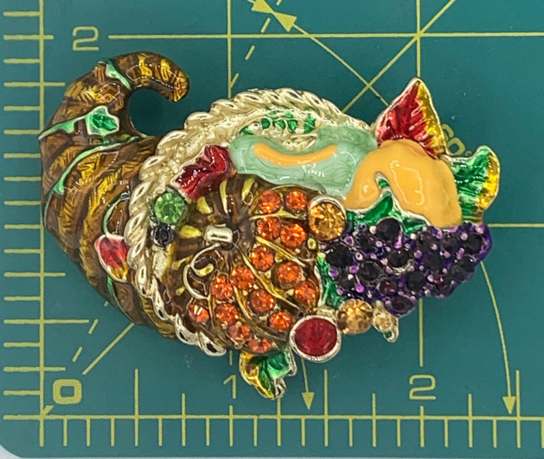 Vintage Cornucopia Pin Brooch Rhinestone Enamel Thanksgiving - Etsy