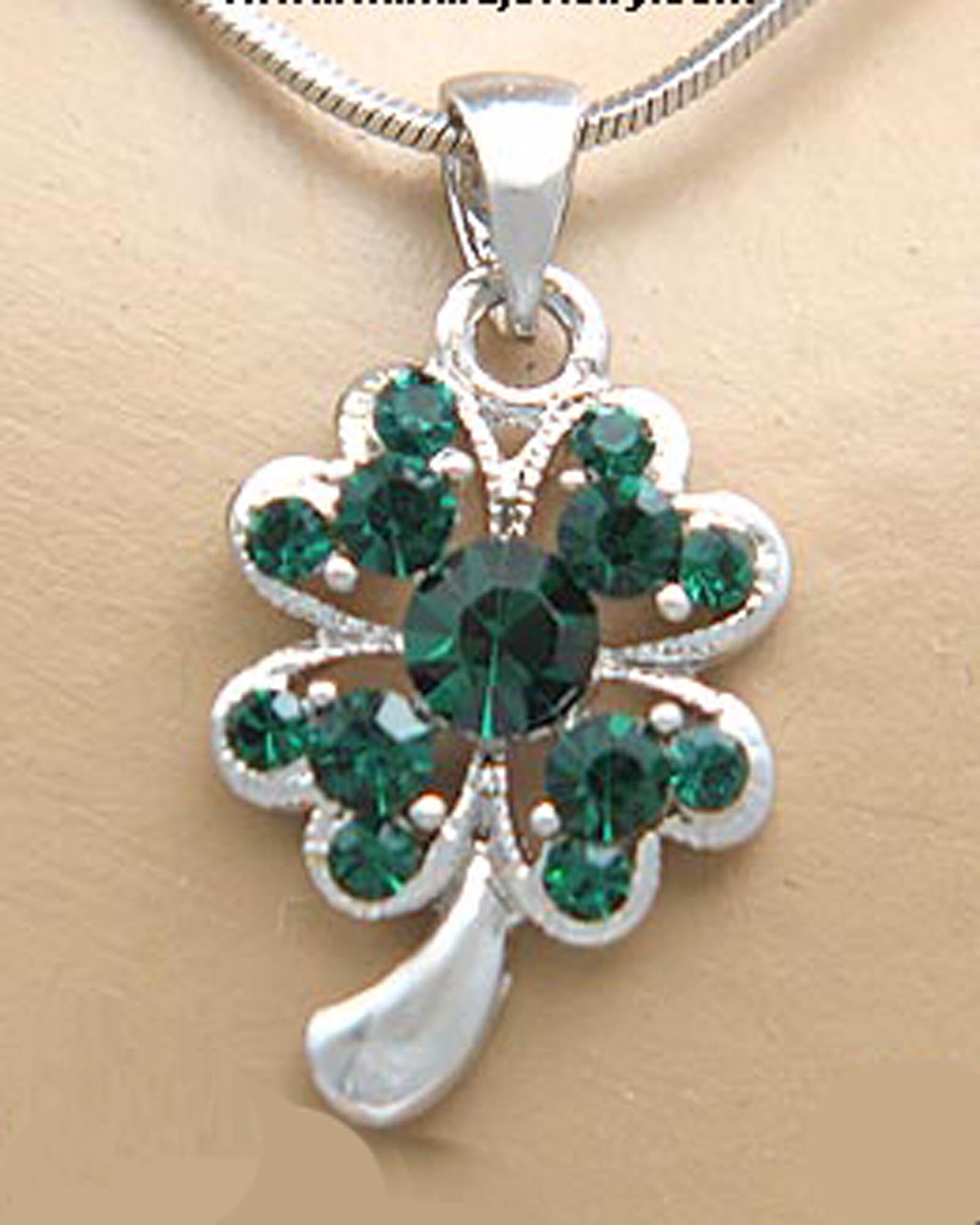 Vintage Shamrock Pendant Necklace Green Rhinestone Silver Tone - Gift ...