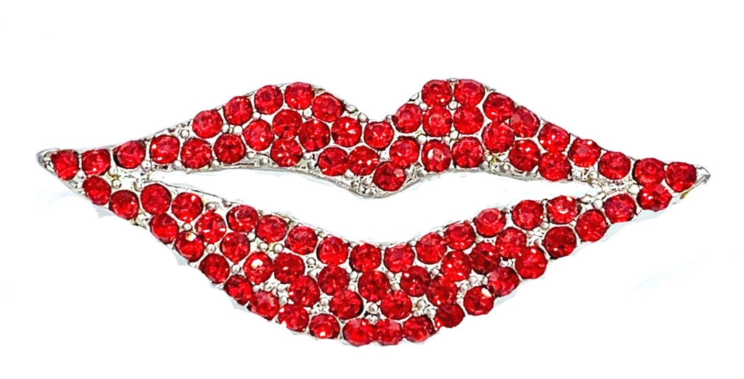 Vintage Valentine Kiss Lips Brooch Red Rhinestone Silver Tone - Gift ...