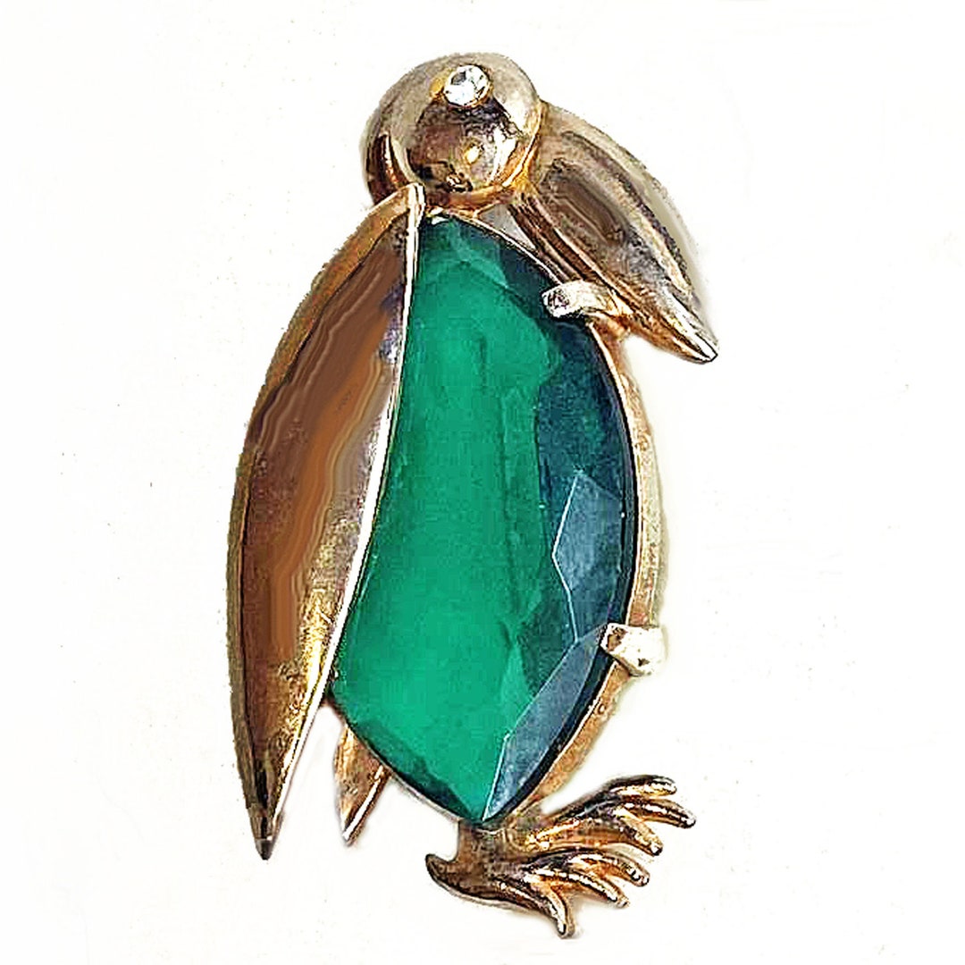 Vintage Penguin Pin Brooch Unsigned Reja Green Jelly Belly Rhinestone ...
