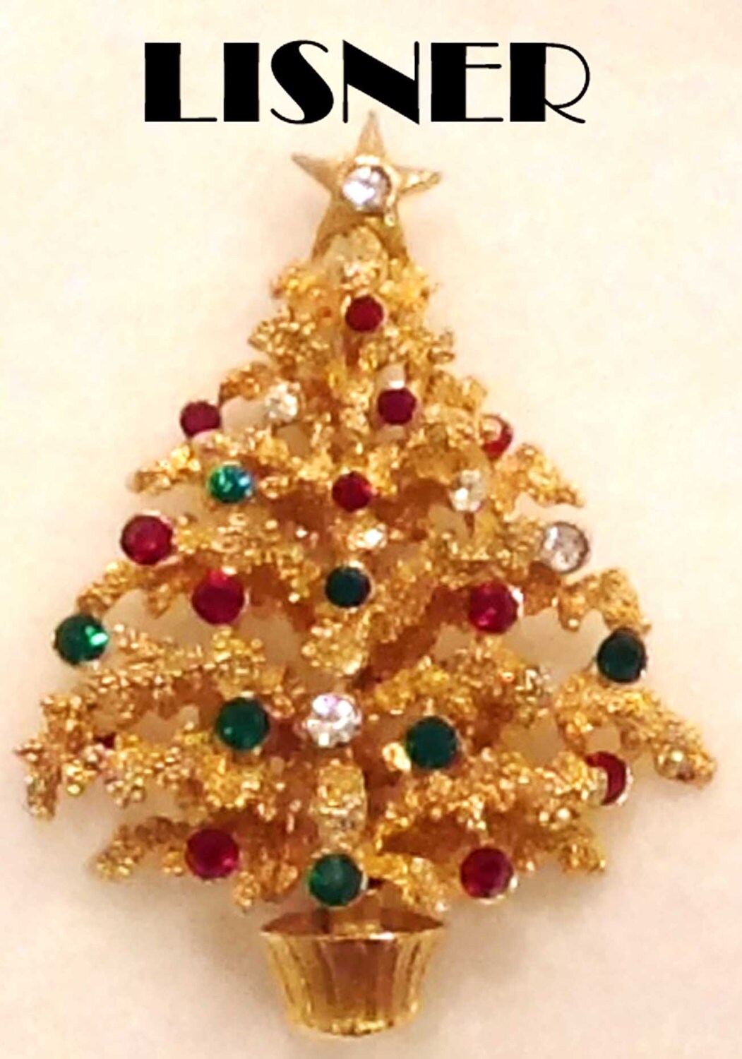 Vintage Lisner Christmas Tree Pin Red Green Clear - Etsy