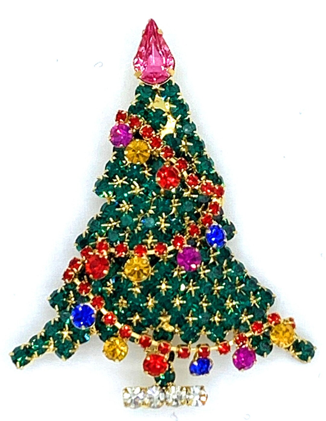 Vintage Christmas Tree Pin With Rhinestone Tinsel, Garland & Lights ...
