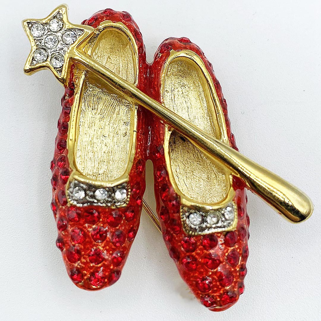 Vintage Ruby Slippers & Magic Wand Pin Brooch Red Rhinestones Red ...