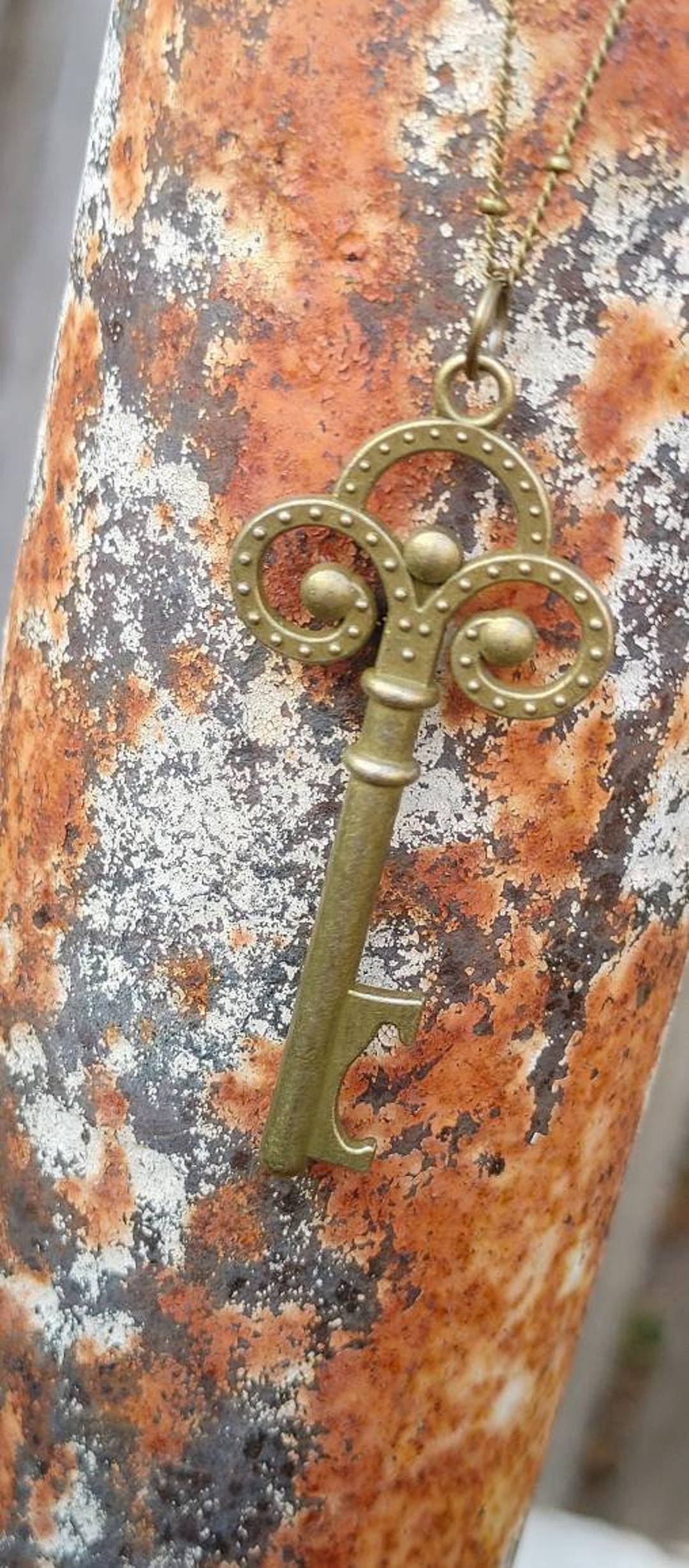 Scrollwork Skeleton Key Necklace / Brass Skeleton Key / 24 Ball and ...