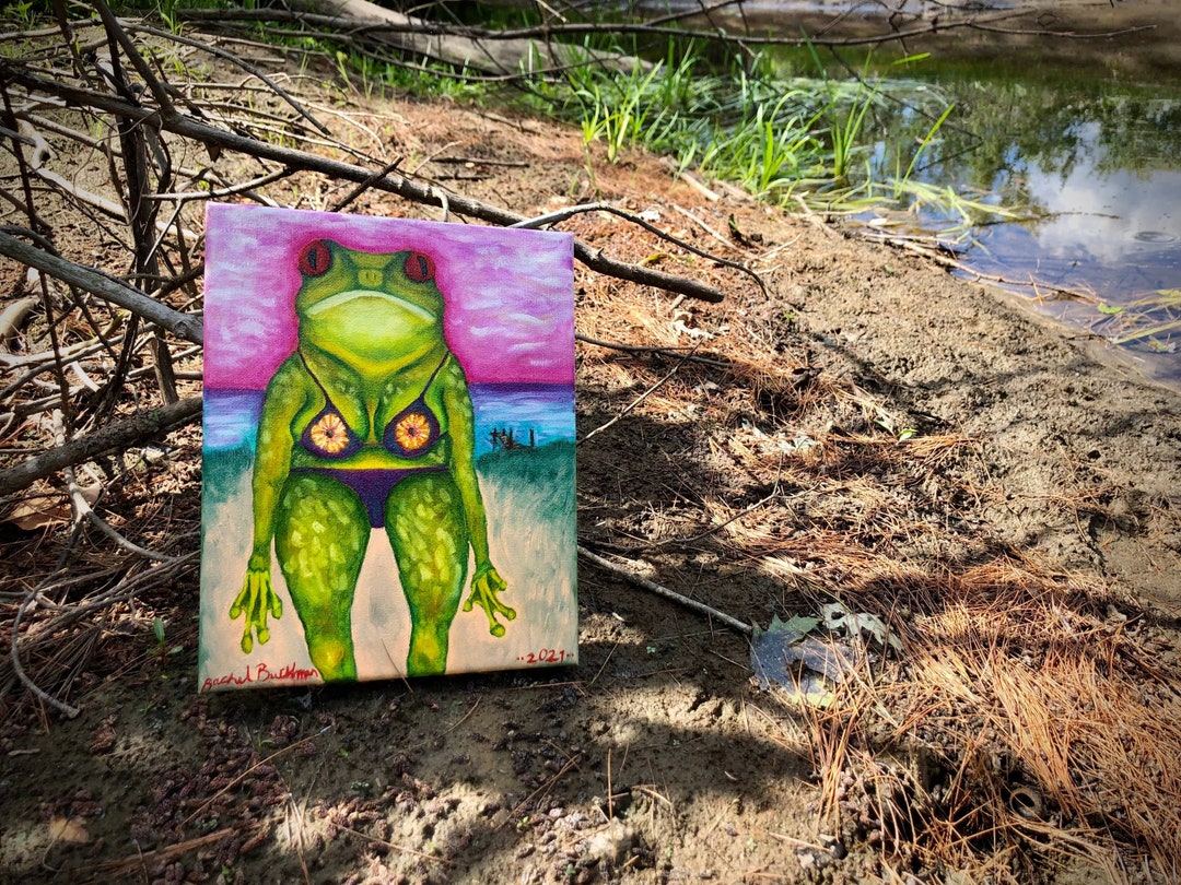 Frog Original Oil Painting, Pop Surreal Froggy Art, Summertime Wall ...