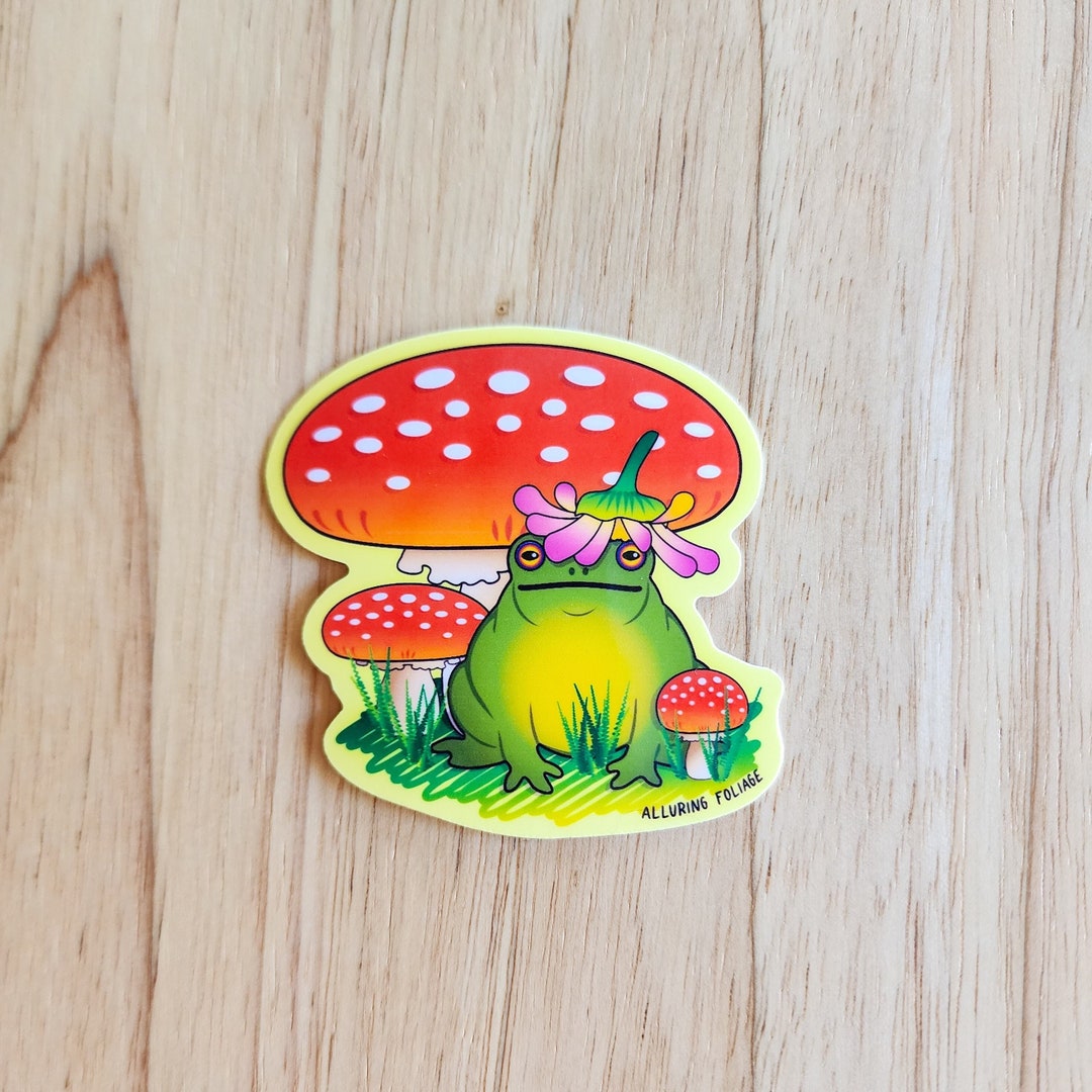 Mushroom & Frog Sticker, Cute Flower Hat Frog, Handmade Glossy ...