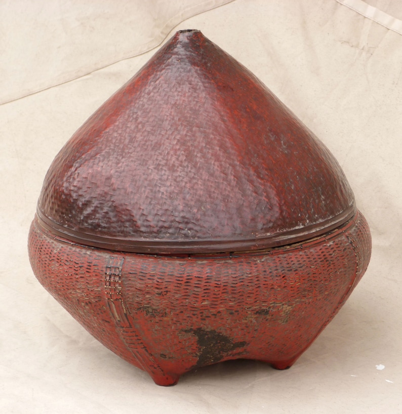 Large Antique Chinese Red Lacquer Rice Basket With Pointed Lid 16" - Etsy