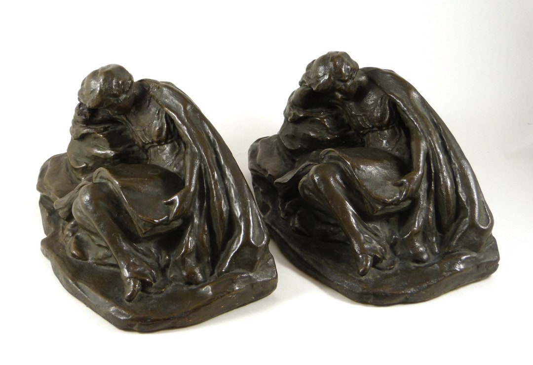 Large Antique Figural Bookends Reclining Girl Reading, Faux Bronze ...