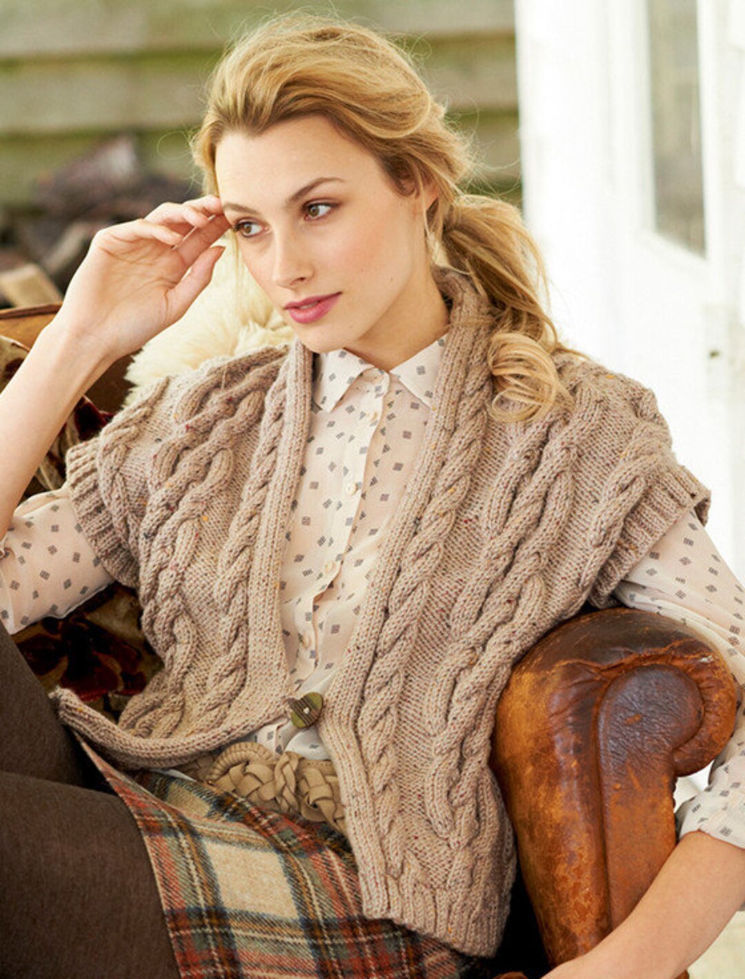 Aran Vest in Light Brown Tweed, Pure Merino Wool and Mohair, Hand ...