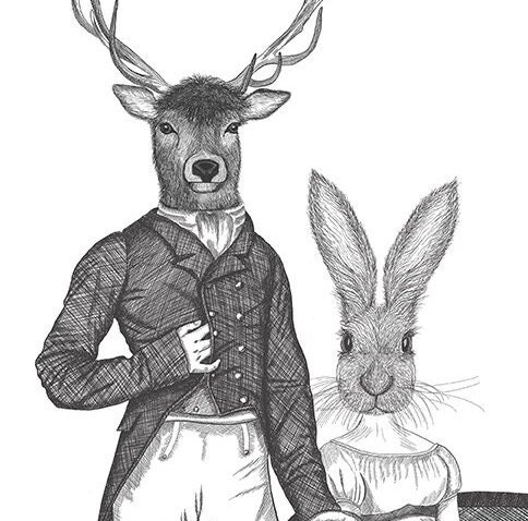 LIMITED EDITION Mr Deer and Mrs Rabbit Drawing Pen and Ink Illustration ...