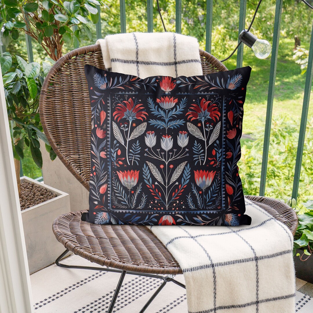 Black and Red Scandic Woodland Floral Pillow Cover, Print Both Sides ...