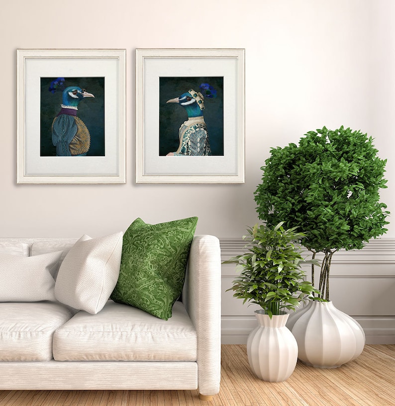 Limited Edition Set of 2 Peacock Paintings Anthropomorphic Art Peacock ...