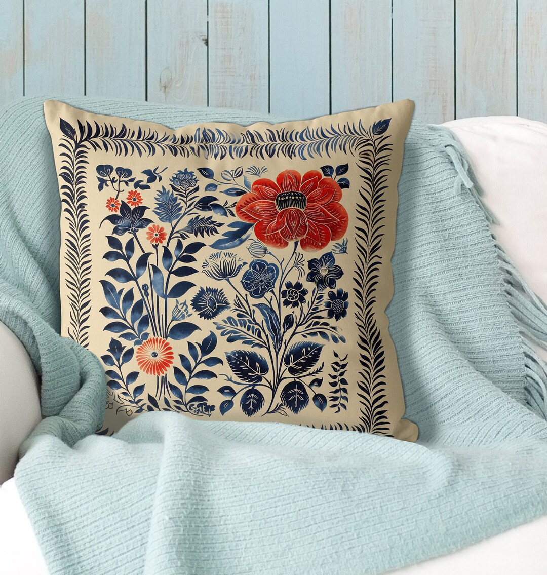 Blue Red Cream Scandic Floral Pillow Cover, Print Both Sides Handmade ...