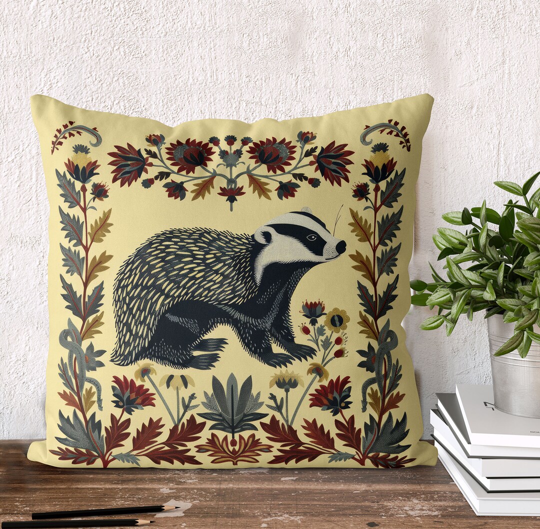 Scandi Folk Art Style Badger Print Pillow Cover, Print Both Sides ...