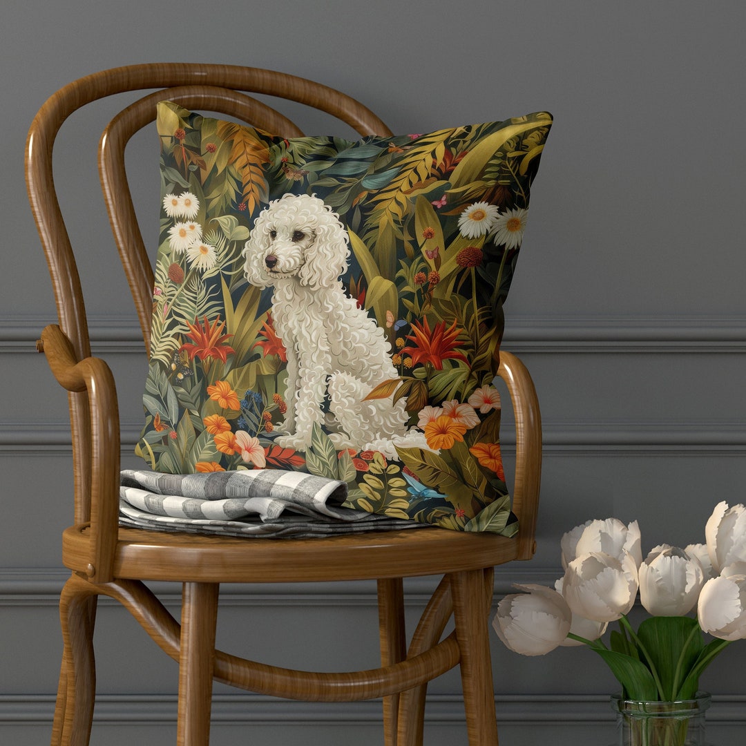 White Poodle Dog Pillow Cover - Handmade Cotton Linen Mix Cushion Cover ...