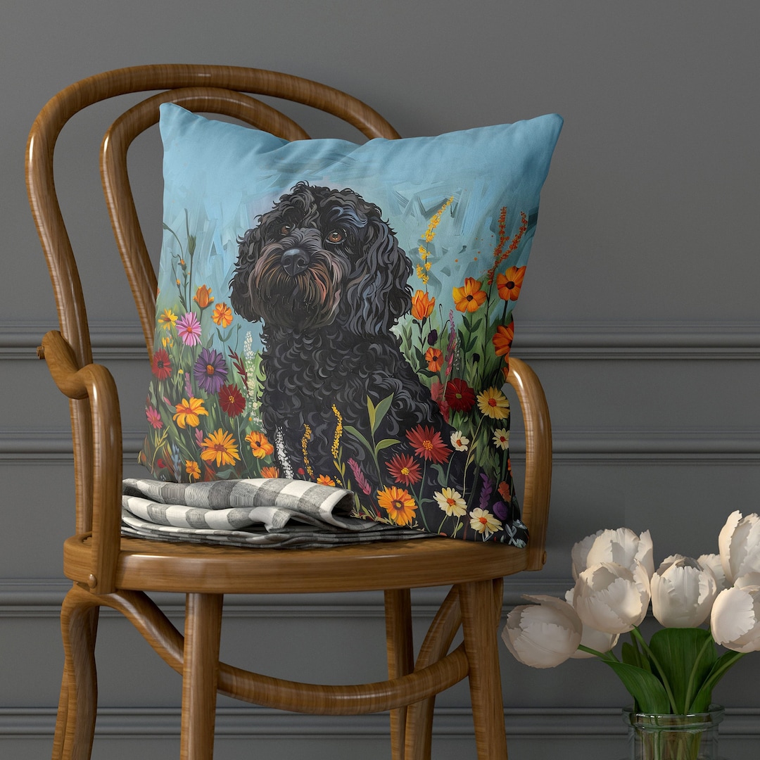Black Cockapoo Dog Cushion Cover - Cute Dog Pillow Cover, Handmade ...