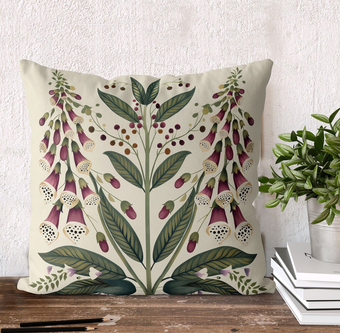 Foxglove Flowers on Cream Back Pillow Cover, Scandic Style Floral ...