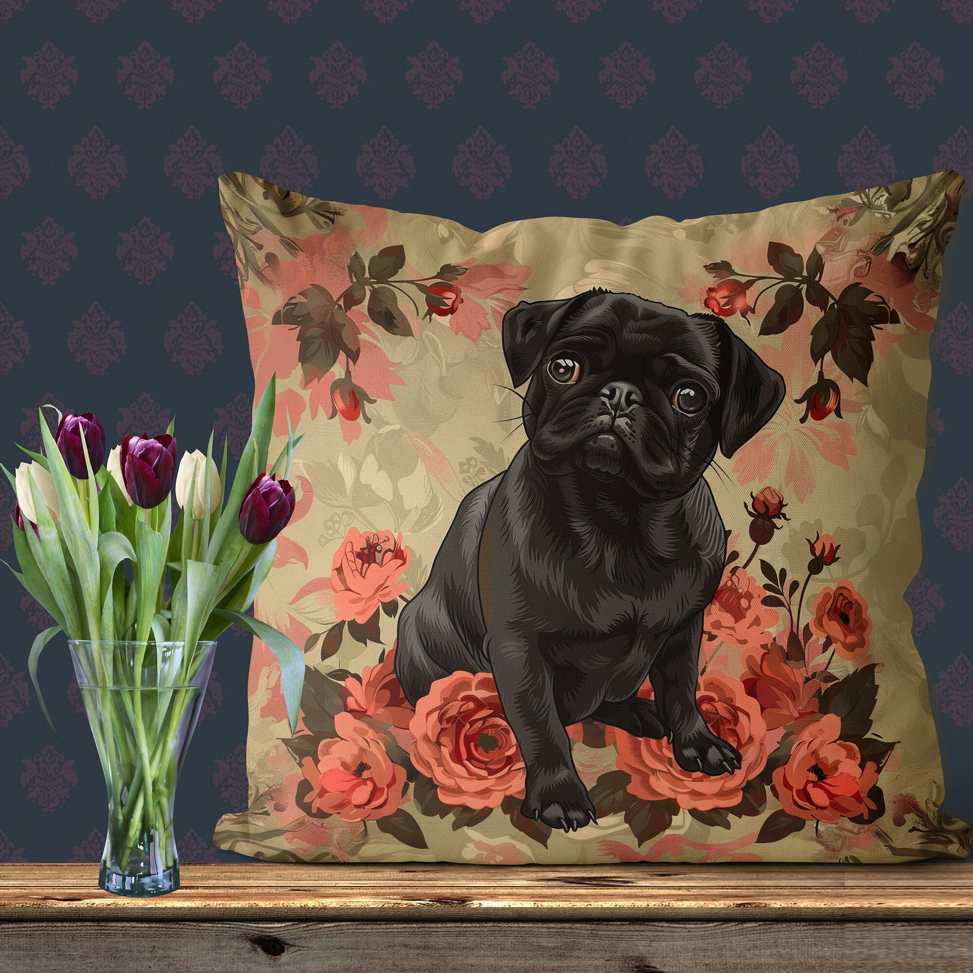 Black Pug Dog Pillow Cover Print Both Sides Cute Pug Gift Idea for ...