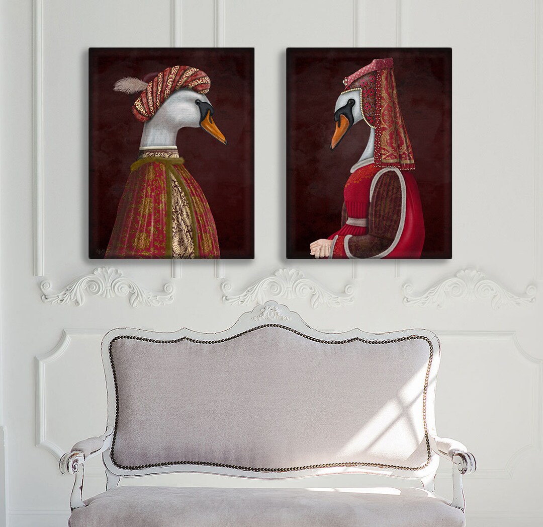 LIMITED EDITION - Set of 2 Swan Paintings Anthropomorphic Large Canvas ...