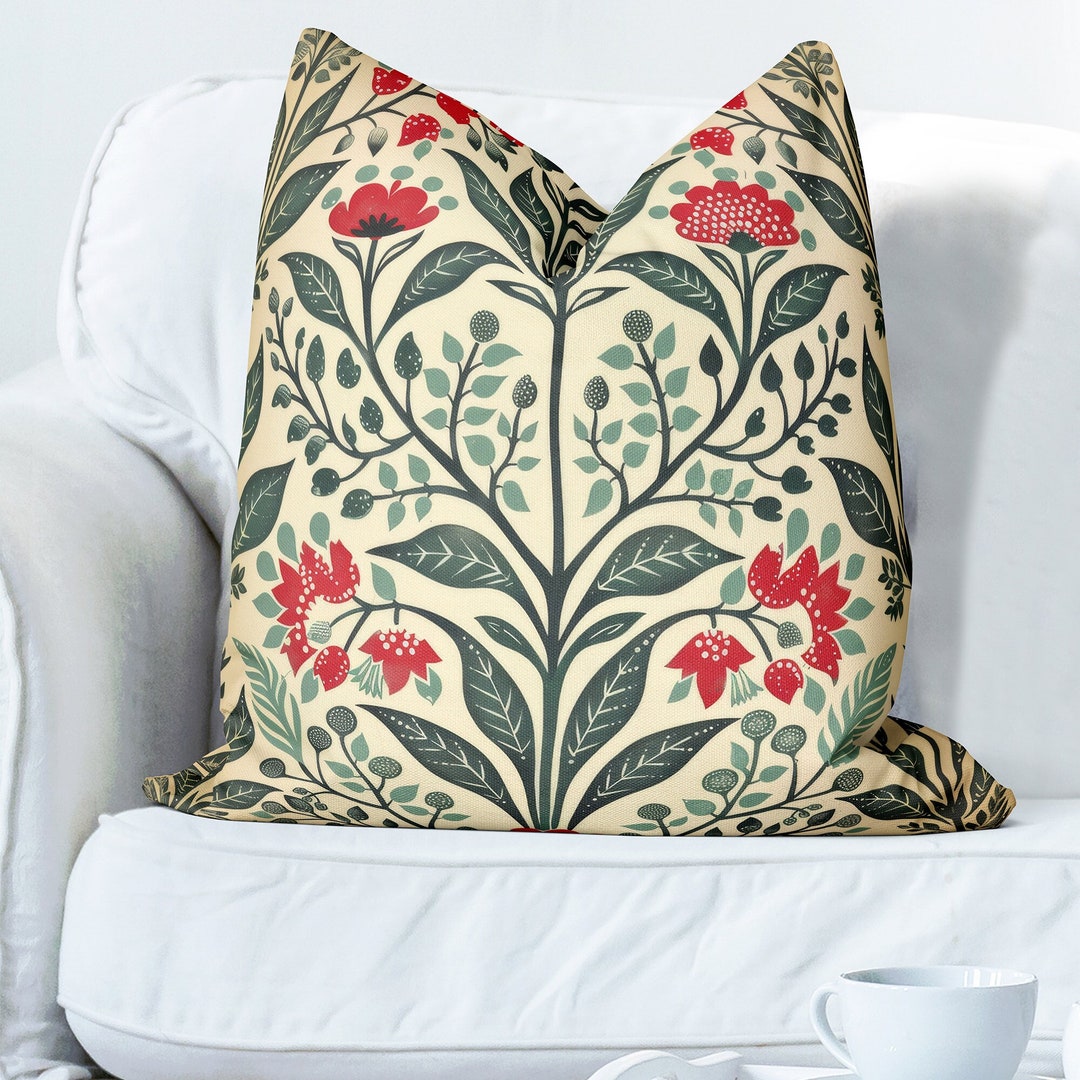 Green Red and Cream Scandic Floral Pillow Cover, Print Both Sides ...