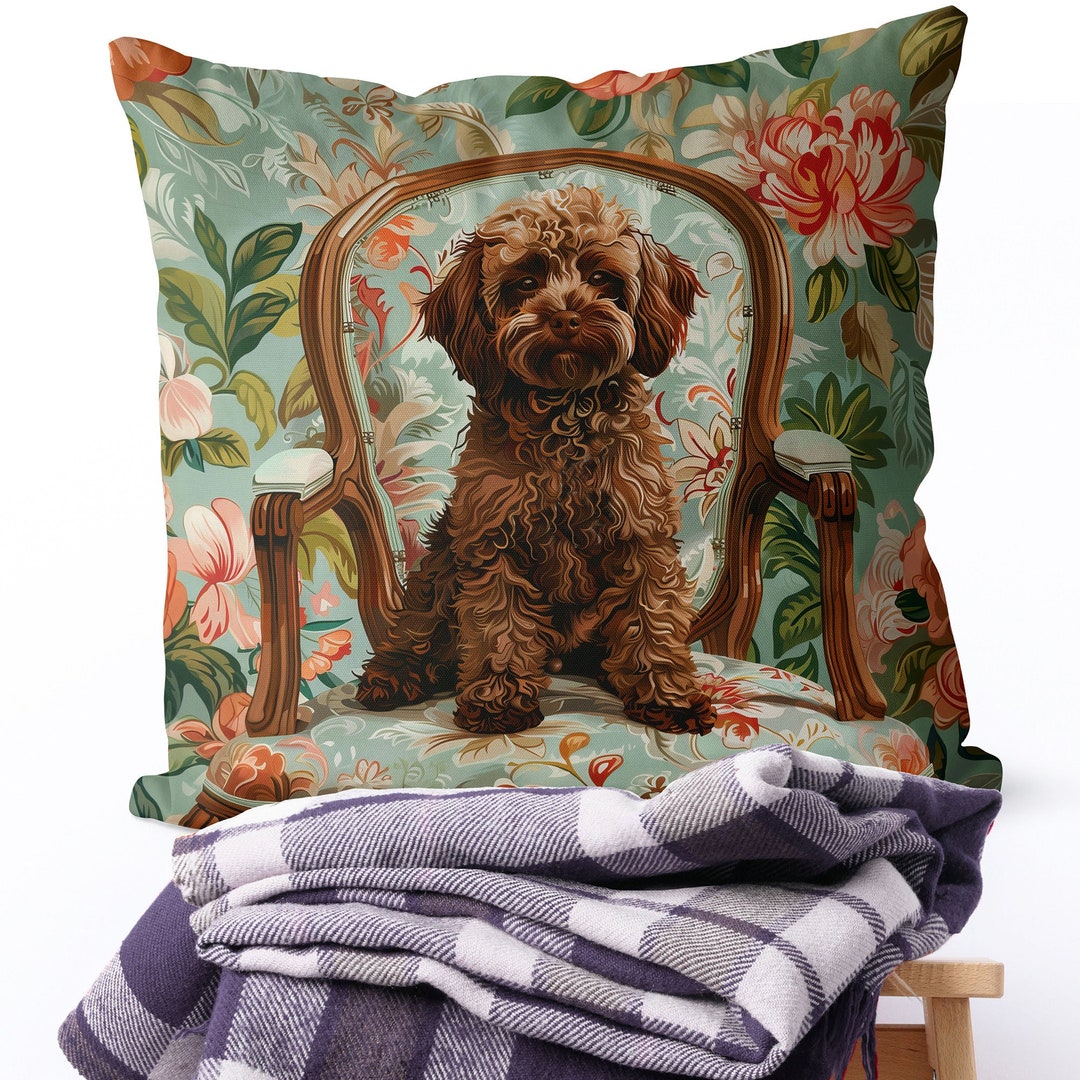 Brown Cavapoo Pillow Cover, Modern Print Dog on Armchair, 18x18 or ...