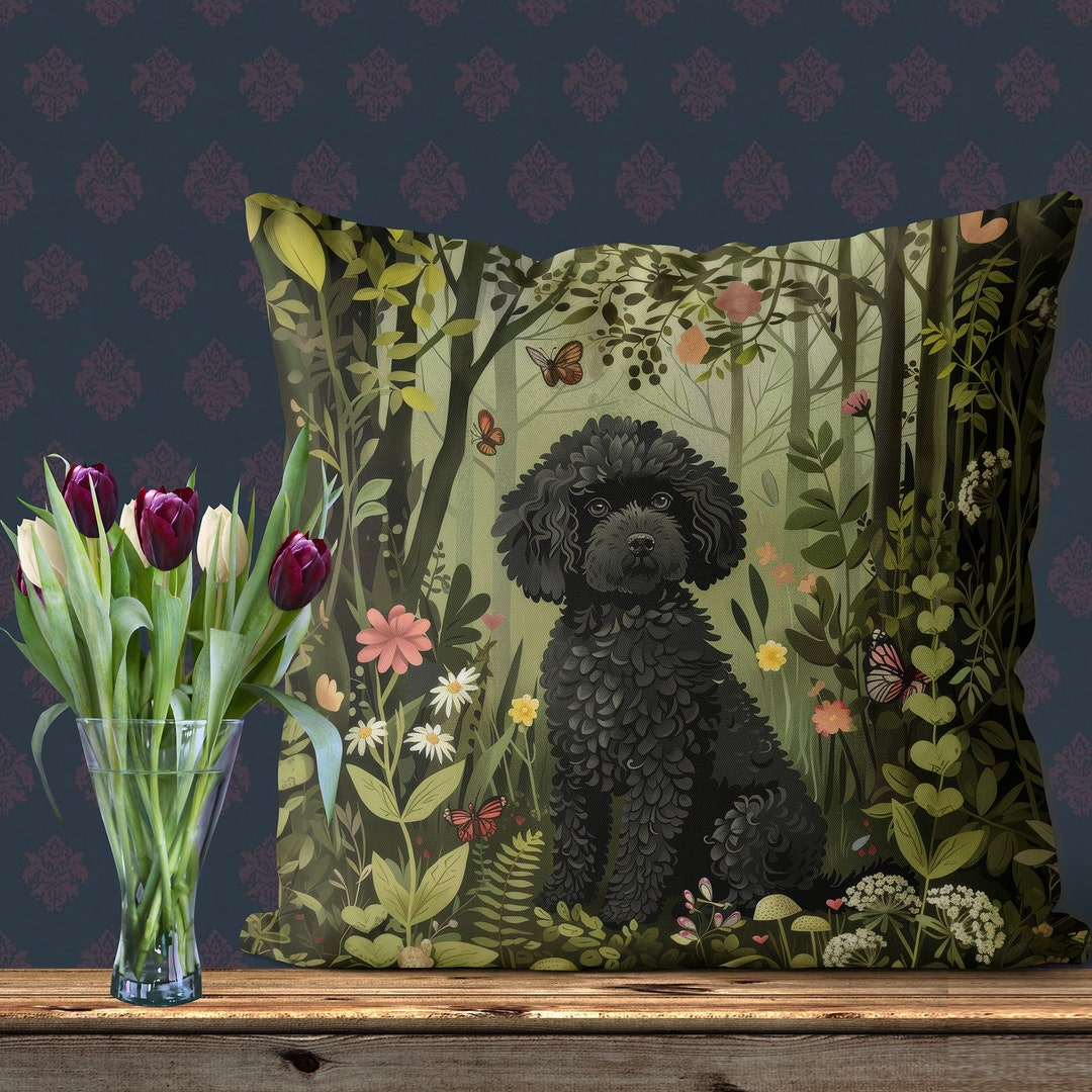 Black Poodle Pillow Cover – Art Deco William Morris Style, Double Sided ...