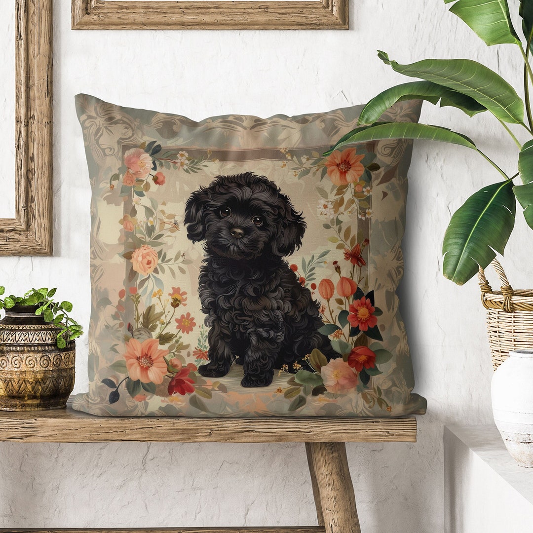 Cute Black Cavapoo Pillow Cover, Vintage Floral Country Cottage Style ...