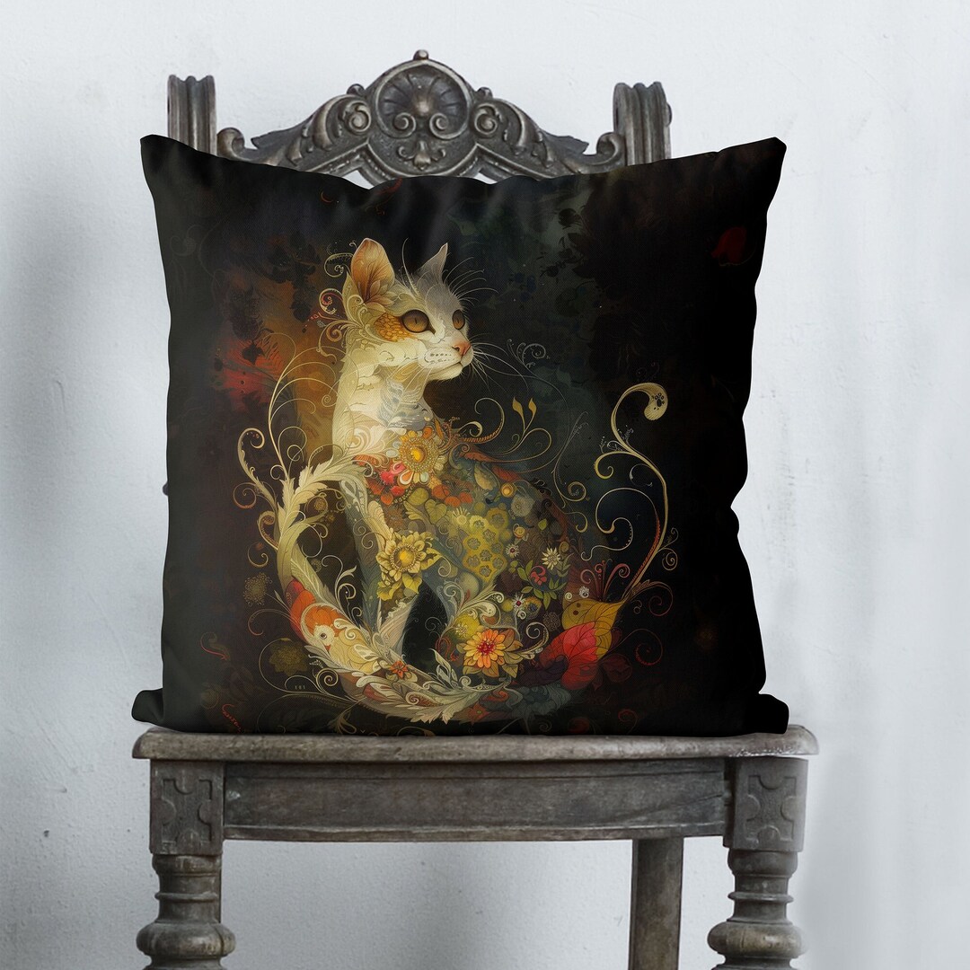Unusual Modern Magical Floral Cat Pillow Cover, Handmade Cotton/linen ...