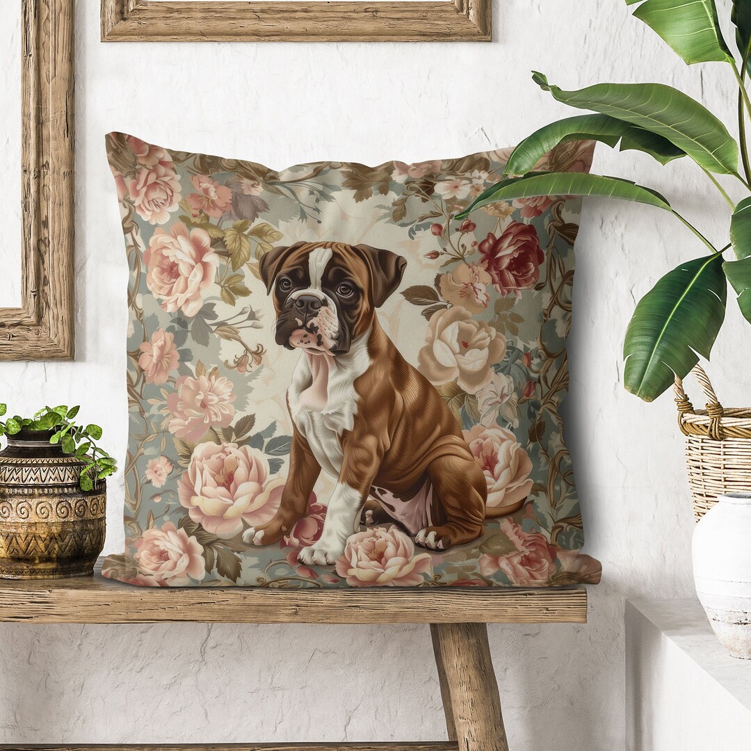 Romantic Country Cottage Style Boxer Dog Puppy Pillow Cover, Pale Pink ...