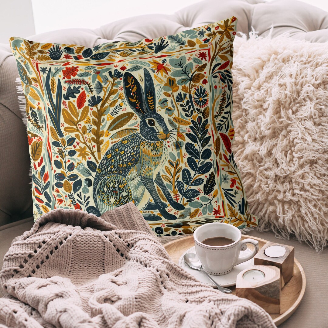 Scandi Folk Art Style Hare Print Pillow Cover, Print Both Sides ...
