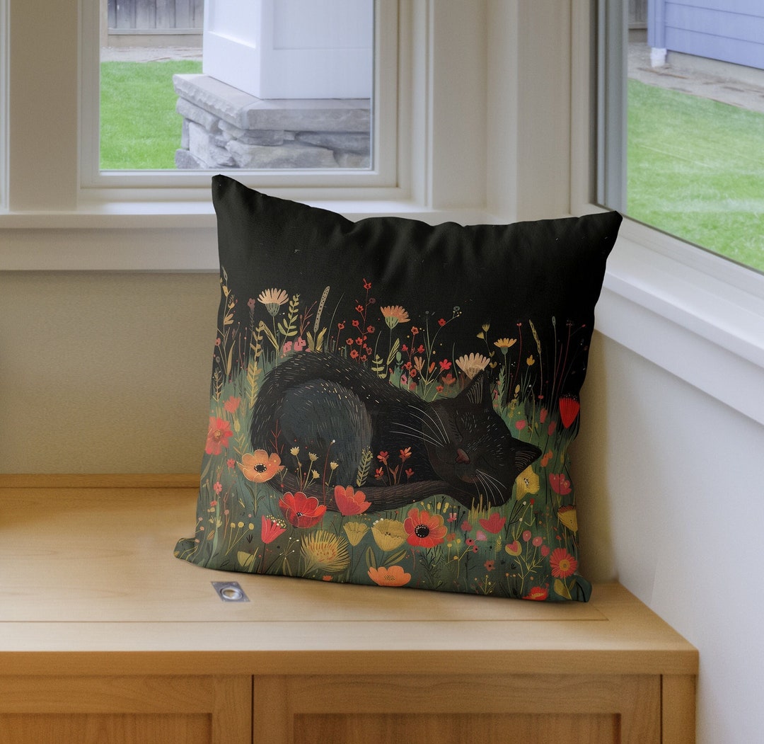 Curled Sleepy Black Cat Pillow Cover, 18x18 or 24x24 Inch, Handmade ...
